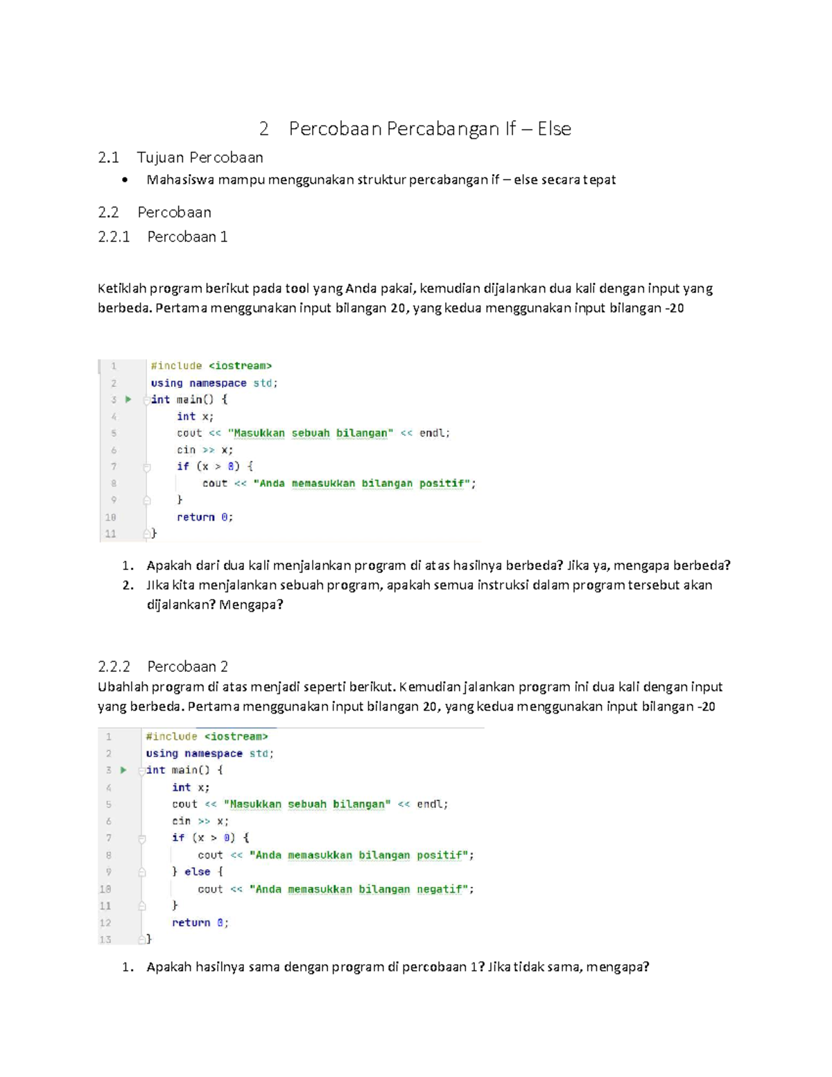 Modul 2 Percabangan if - else - 2 Percobaan Percabangan If – Else 2 ...