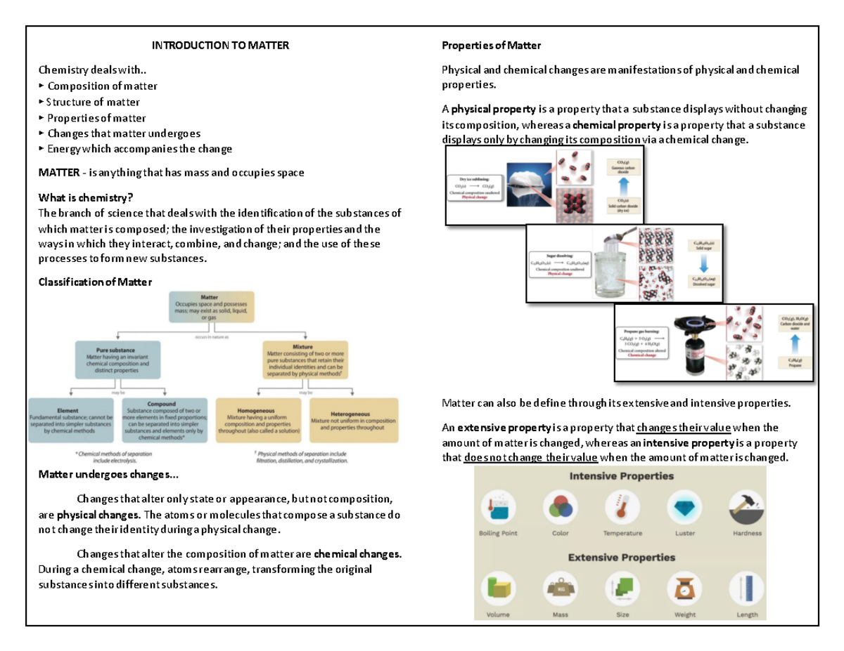 Genchem (WEEK 1) - wew - INTRODUCTION TO MATTER Chemistry deals with ...