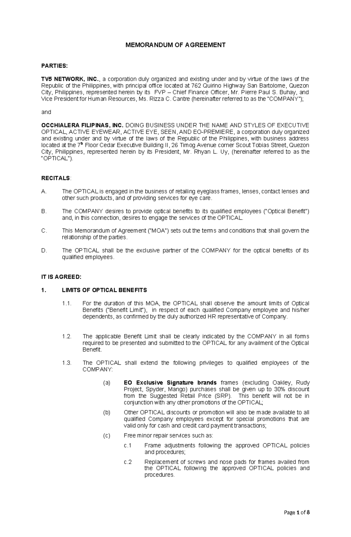 TV5 EO MOA on Employee Optical Benefits (EXE) (07-03-23) - MEMORANDUM ...