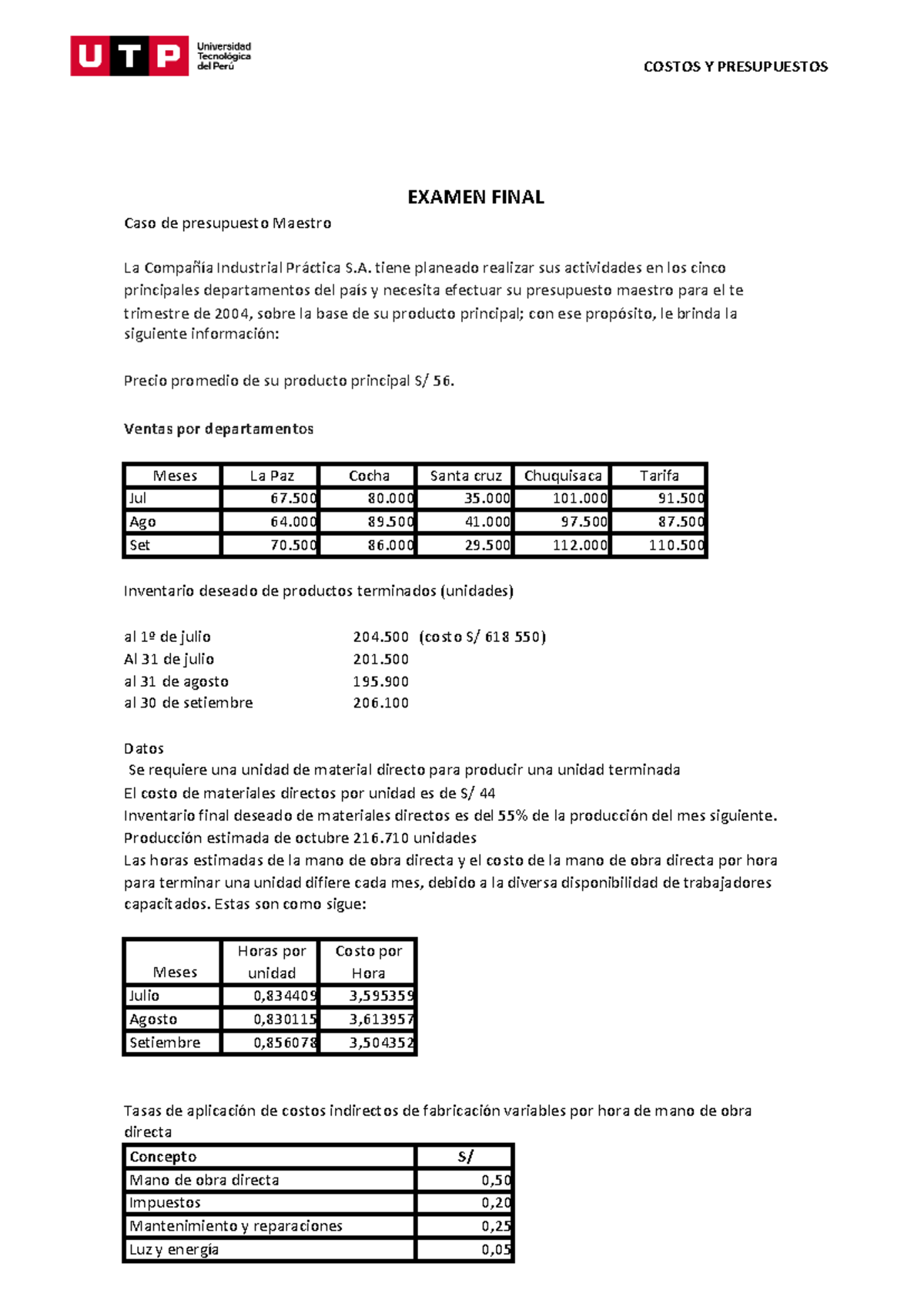 Examen Final - Caso de presupuesto Maestro - COSTOS Y PRESUPUESTOS EXAMEN FINAL Caso de ...