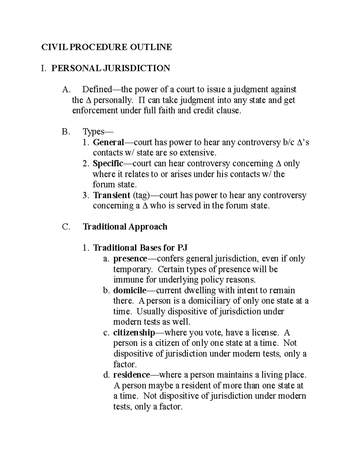 Civil Procedure Outline - CIVIL PROCEDURE OUTLINE I. PERSONAL ...