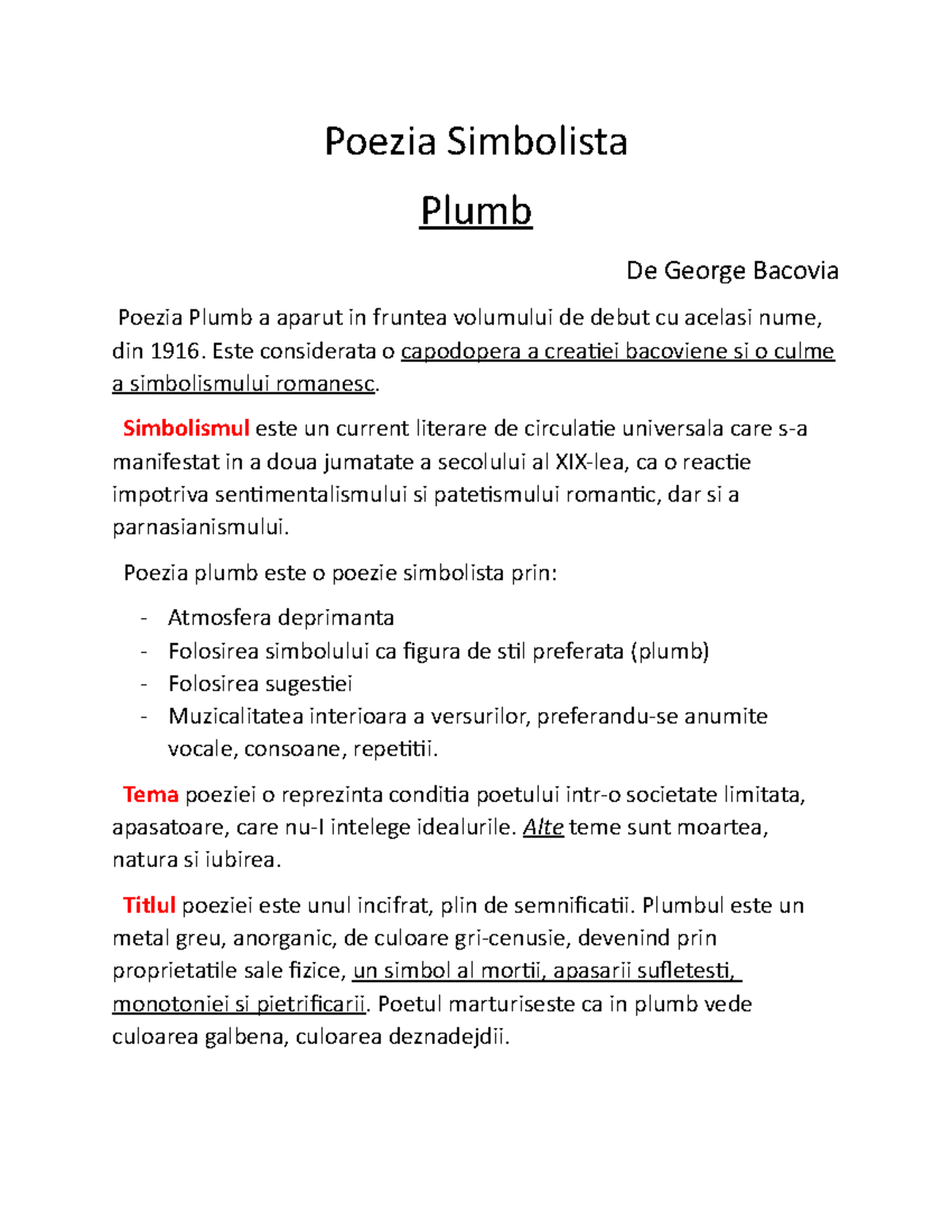 Plumb - George Bacovia - Grade: 12 - Limba romana - Studocu