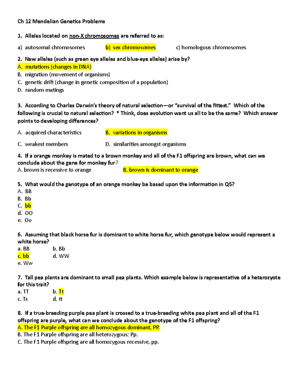 Ch 12 Gen Problems Practice - Ch 12 Mendelian Genetics Problems Alleles ...