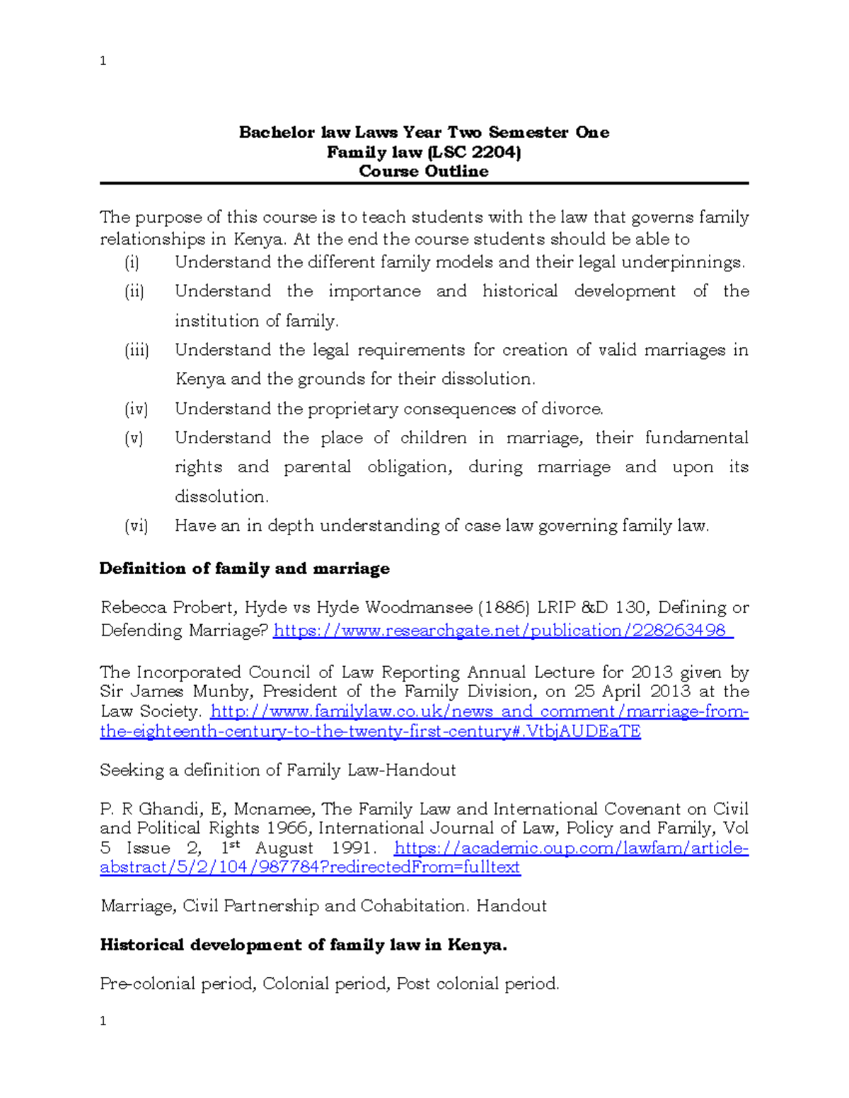 Course outline Family Law-Final - Bachelor law Laws Year Two Semester ...