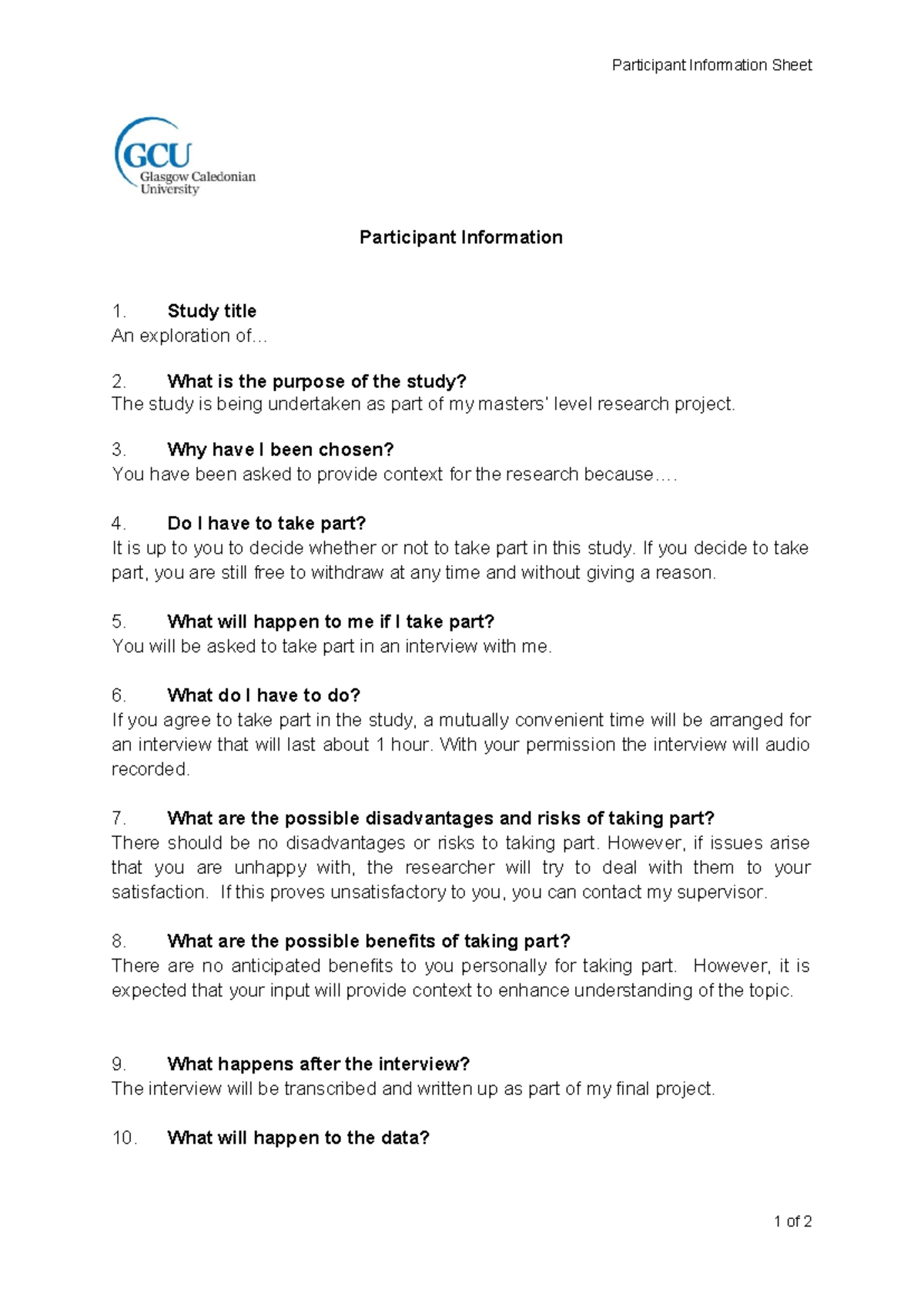 Participation sheet for questionnaire - Participant Information Sheet ...