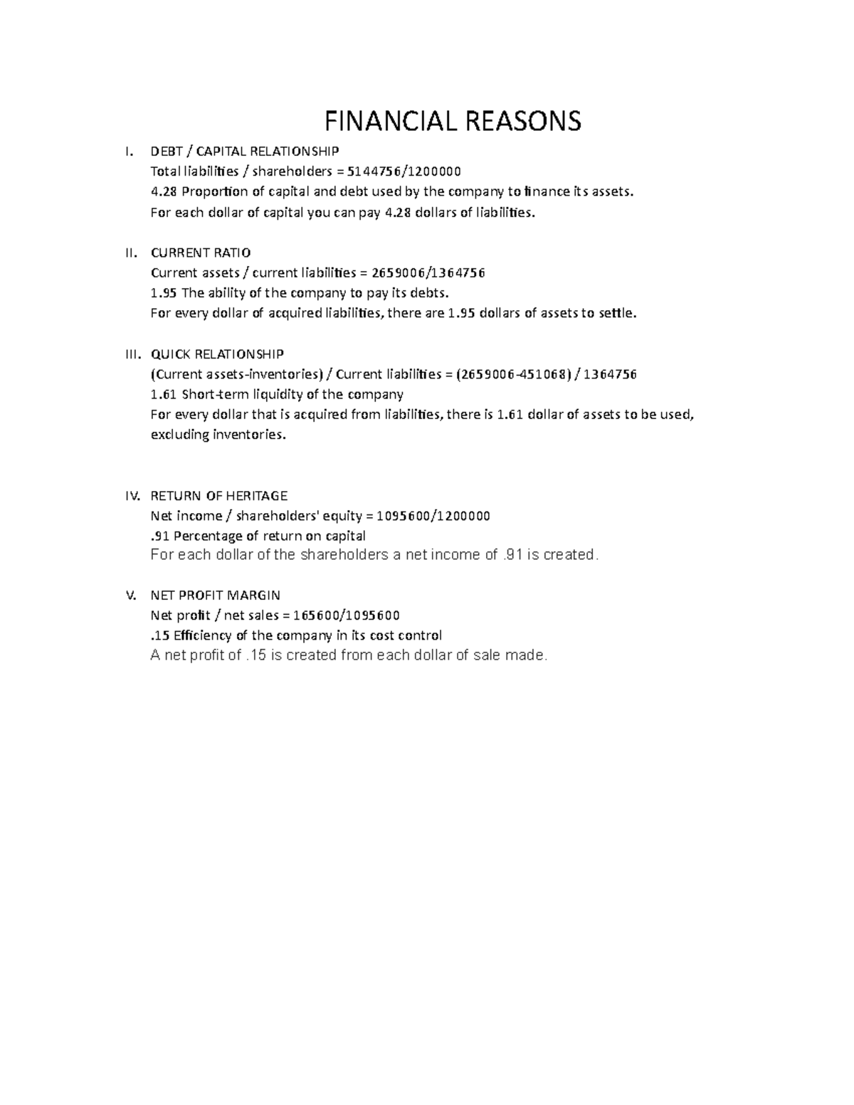 Razones Financieras documento - FINANCIAL REASONS I. DEBT / CAPITAL ...