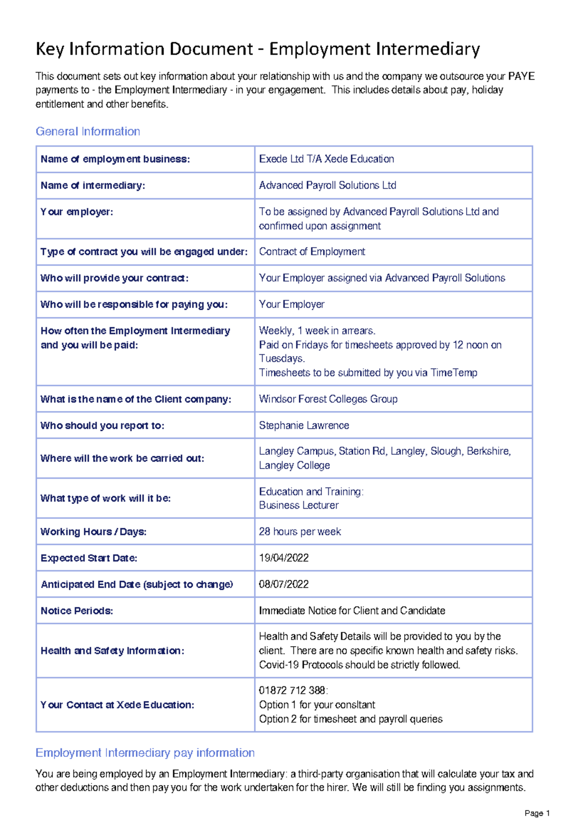 Key Information Document - This includes details about pay, holiday ...