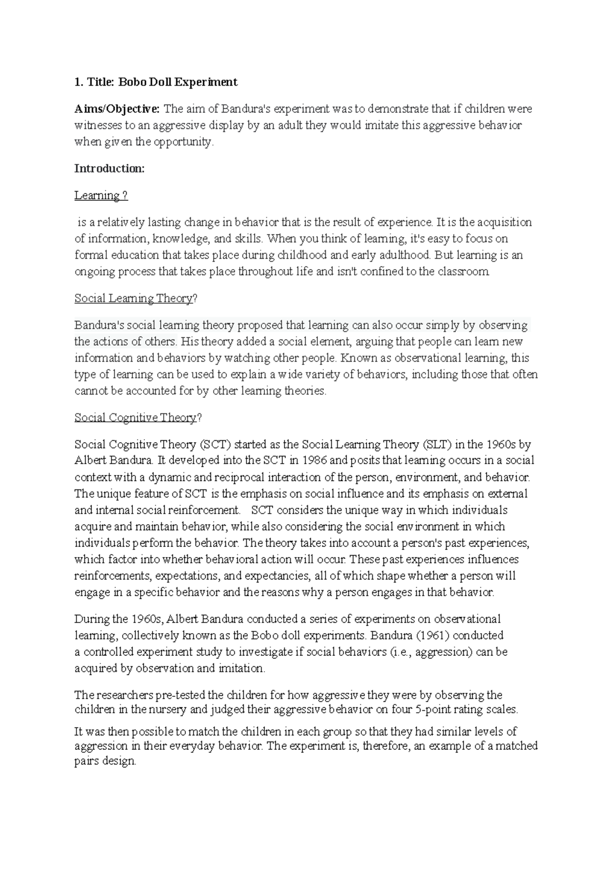 MPCE-16-26-36 Project Topics - Title: Bobo Doll Experiment Aims ...