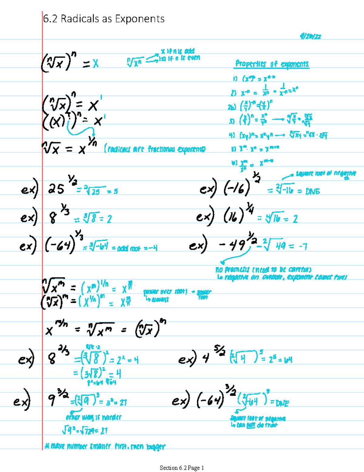 Section+6.2 Notes - 6 Radicals as Exponents Section 6 Page 1 92622 X ...