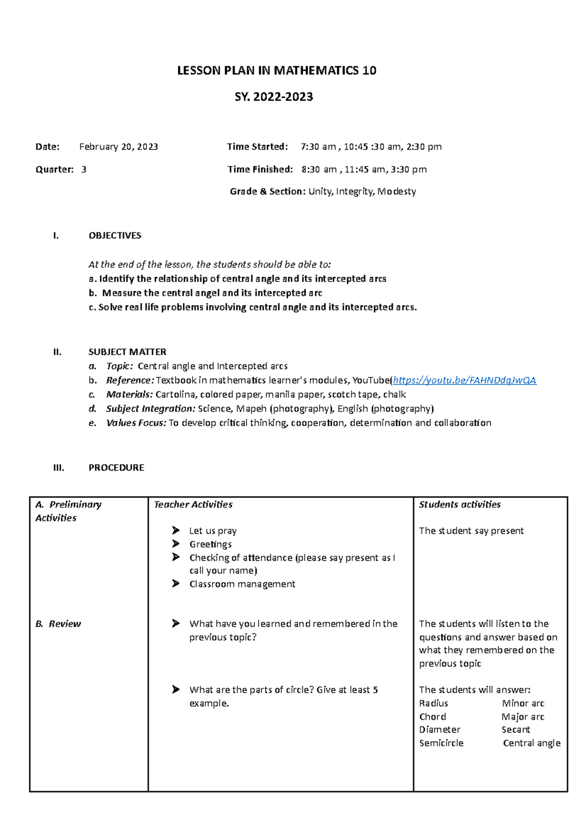 KAYE Lavadia schedules Lesson PLAN MATH 10 - LESSON PLAN IN MATHEMATICS ...