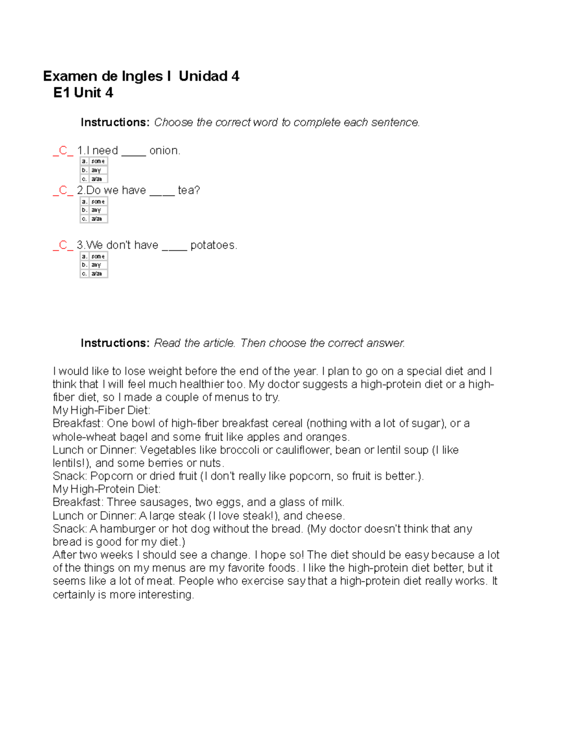 Exam Unit 4 Inglish - Examen de Ingles I Unidad 4 E1 Unit 4 ...
