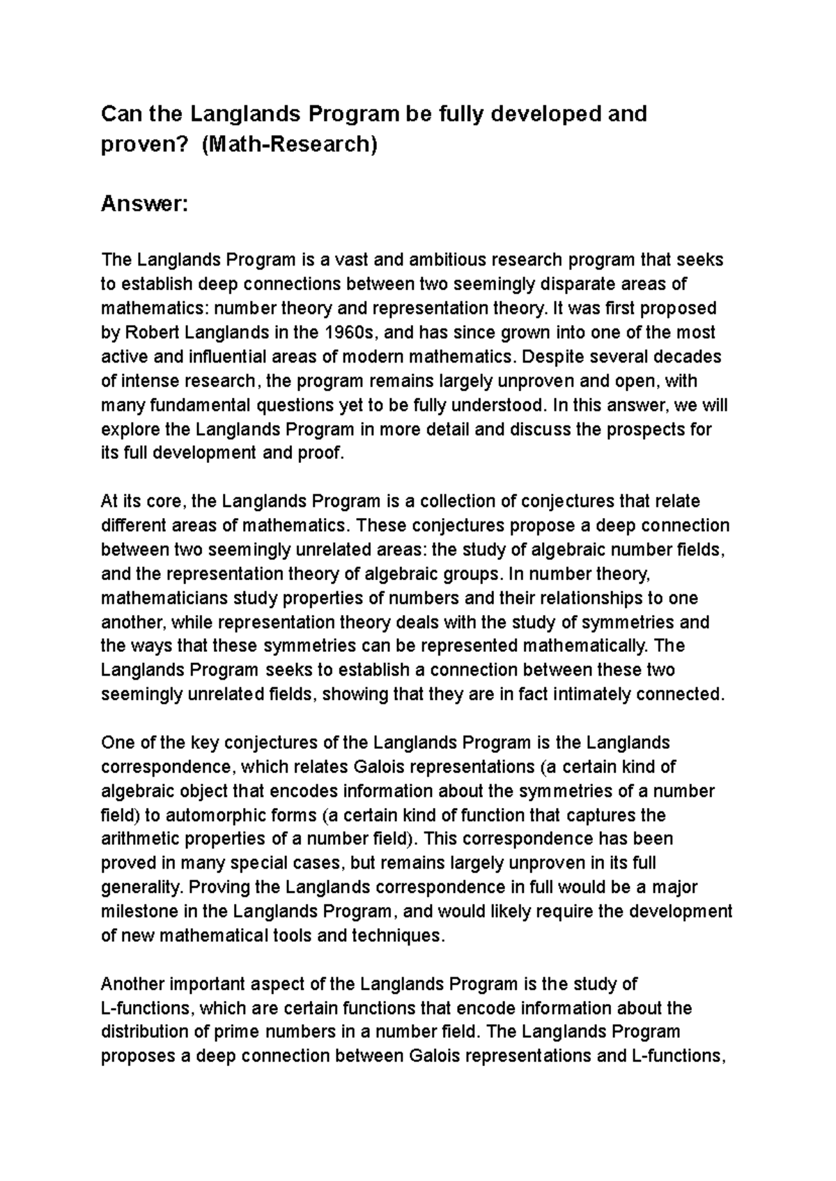 Can the Langlands Program be fully developed and proven (Math-Research ...