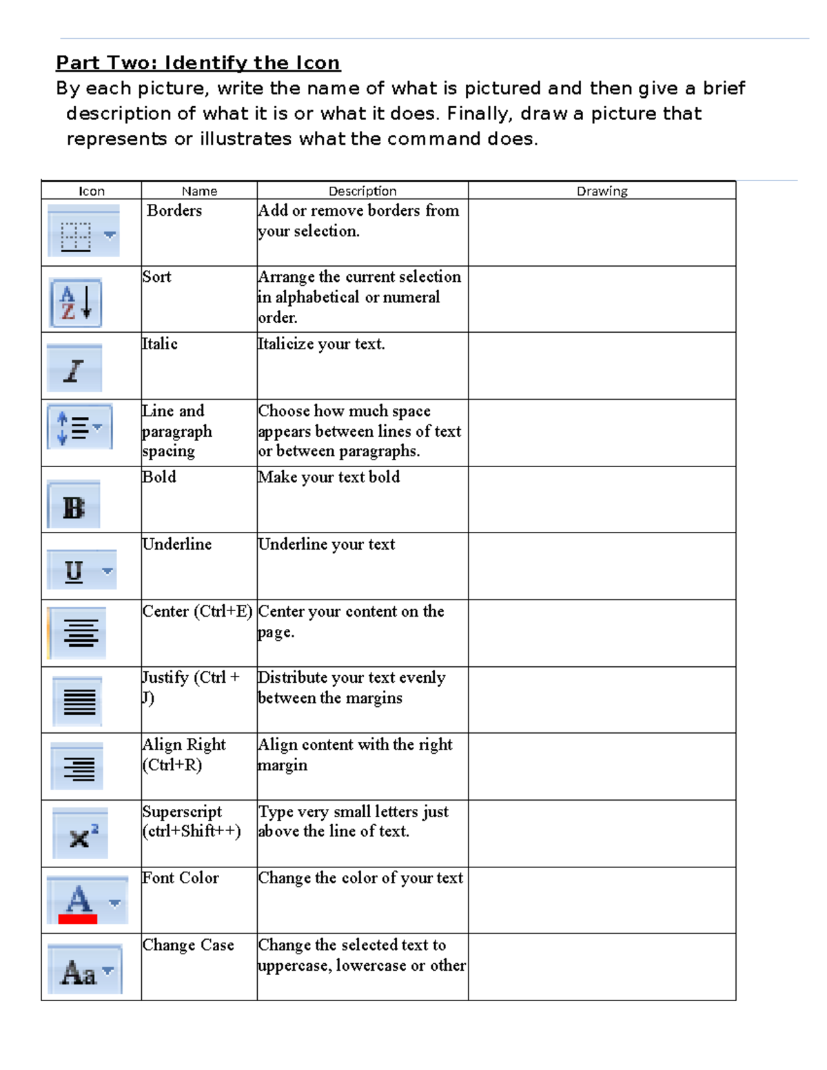 Microsoft Word Icon Identification Worksheet - Part Two: Identify the ...