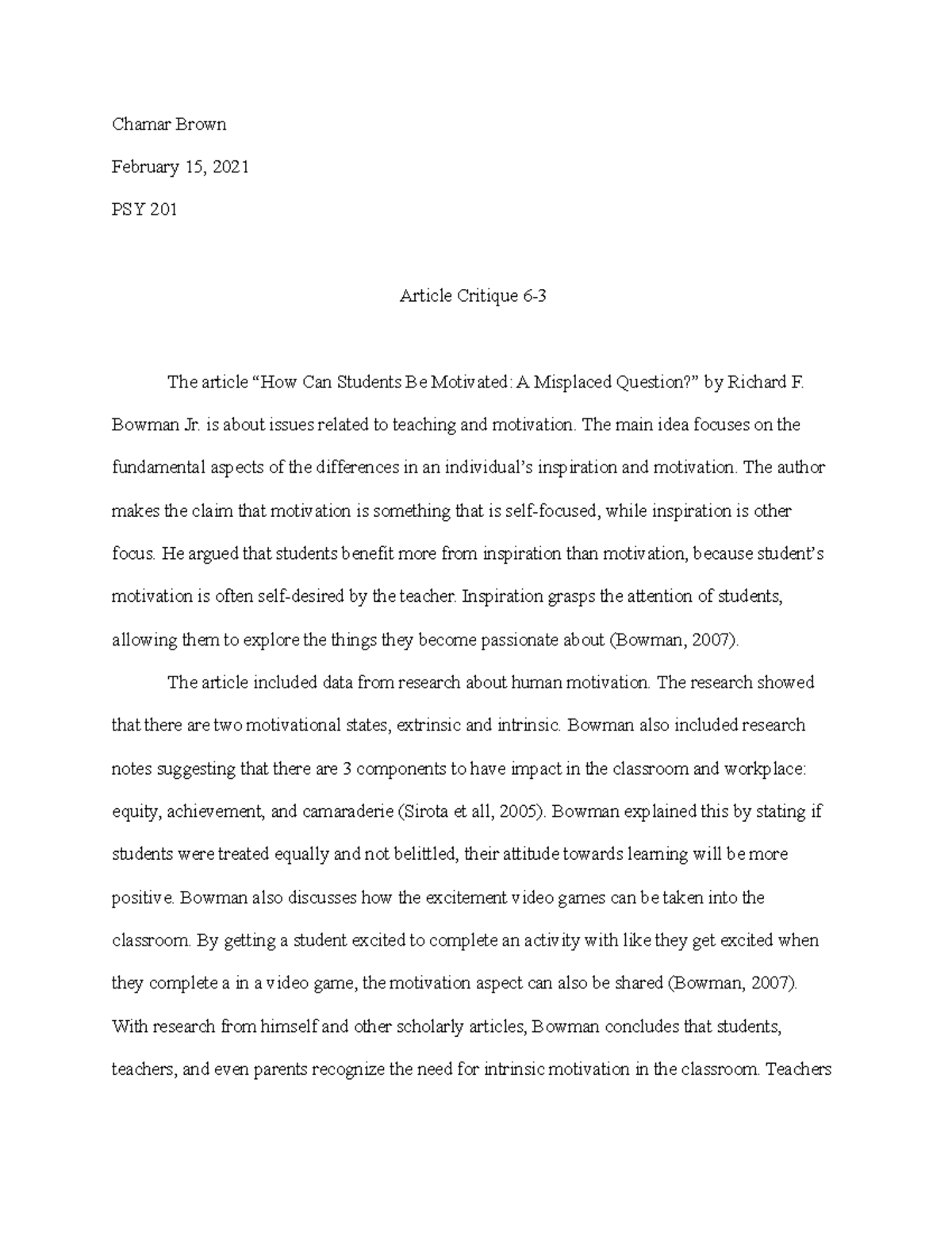 Module 6-3 PSY201 Assignment - Chamar Brown February 15, 2021 PSY 201 ...