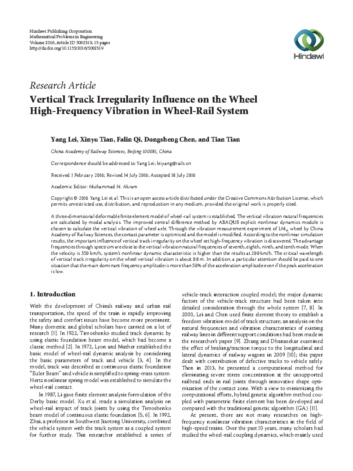 Vertical Track Irregularity Vibration - Research Article Vertical Track ...