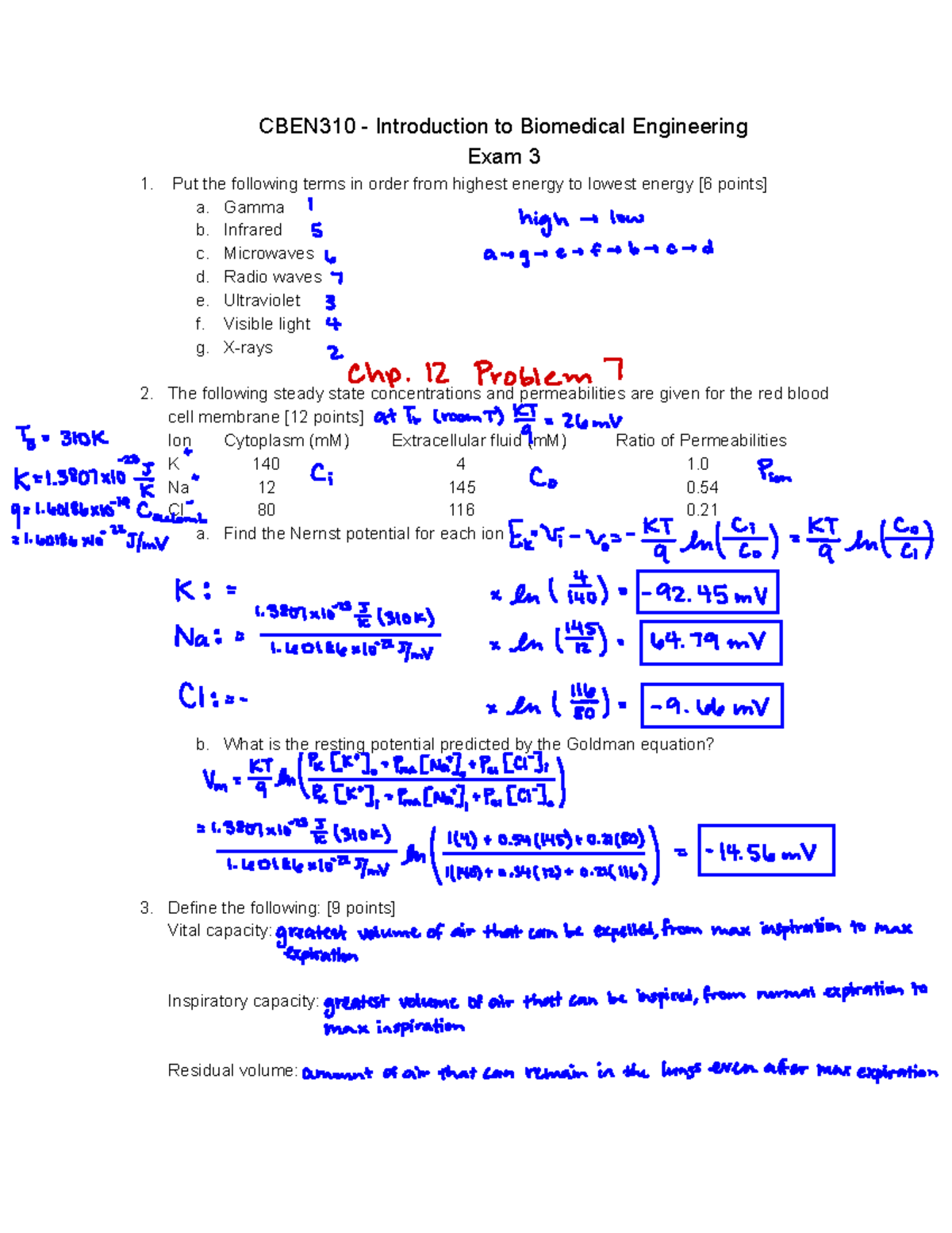 CBEN310 Exam 3 Key - Intro to Biomedical Engineering Exam 3 - CBEN310 - Introduction to ...