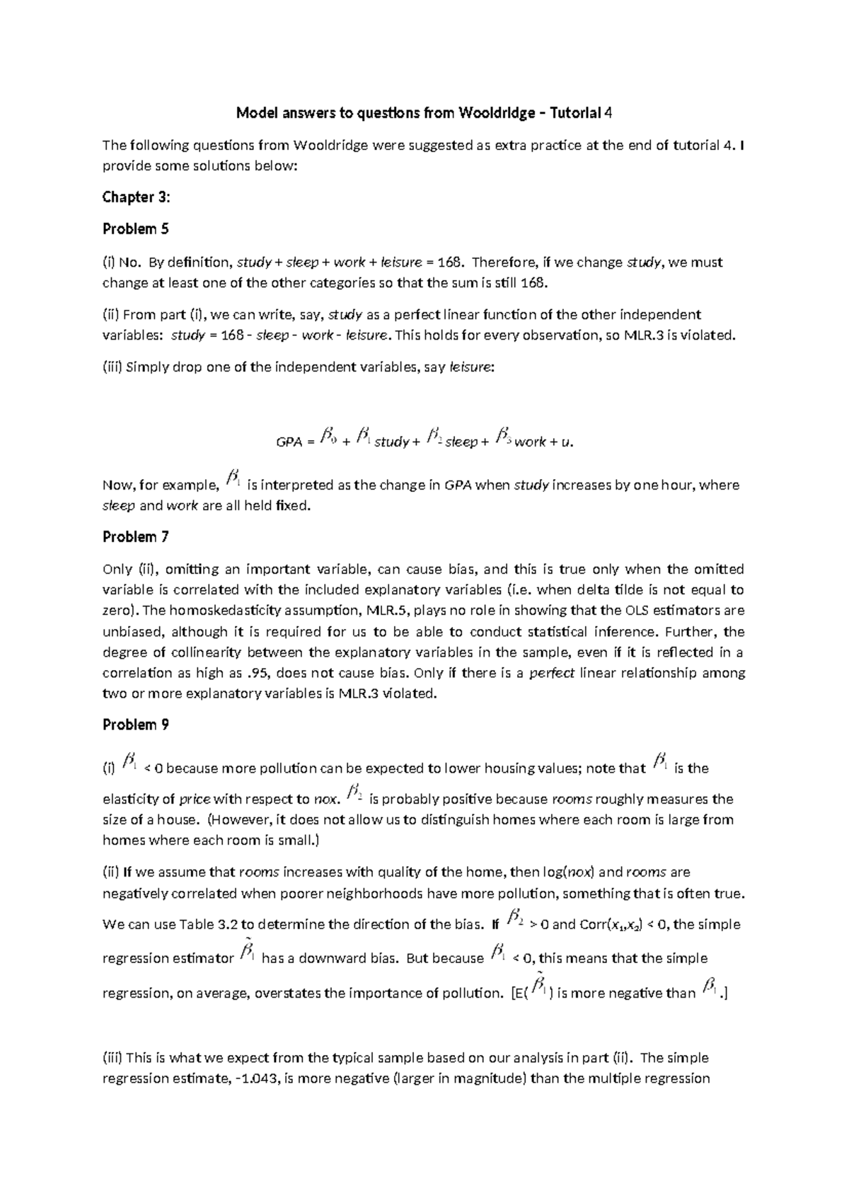Solutions Extra questions from Wooldridge Ch3 and 4 - Model answers to ...