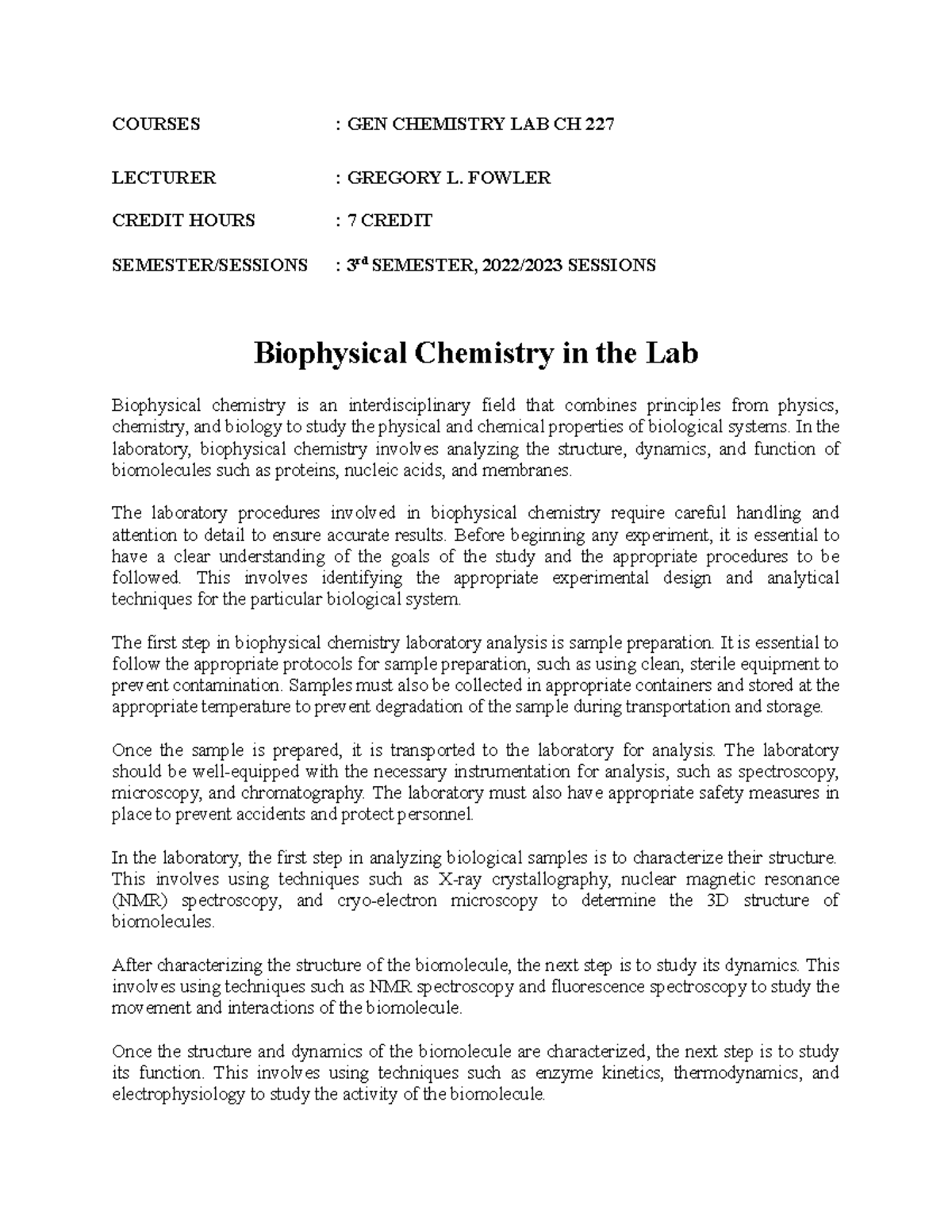 Biophysical Chemistry in the Lab - COURSES : GEN CHEMISTRY LAB CH 227 ...