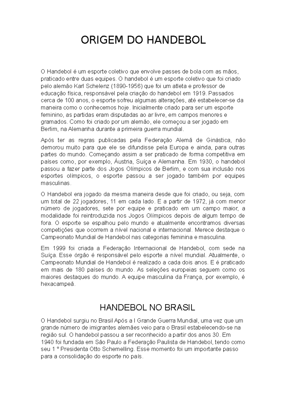 Origem DO Handebol.docx DOM Duarte - ORIGEM DO HANDEBOL O Handebol é um ...