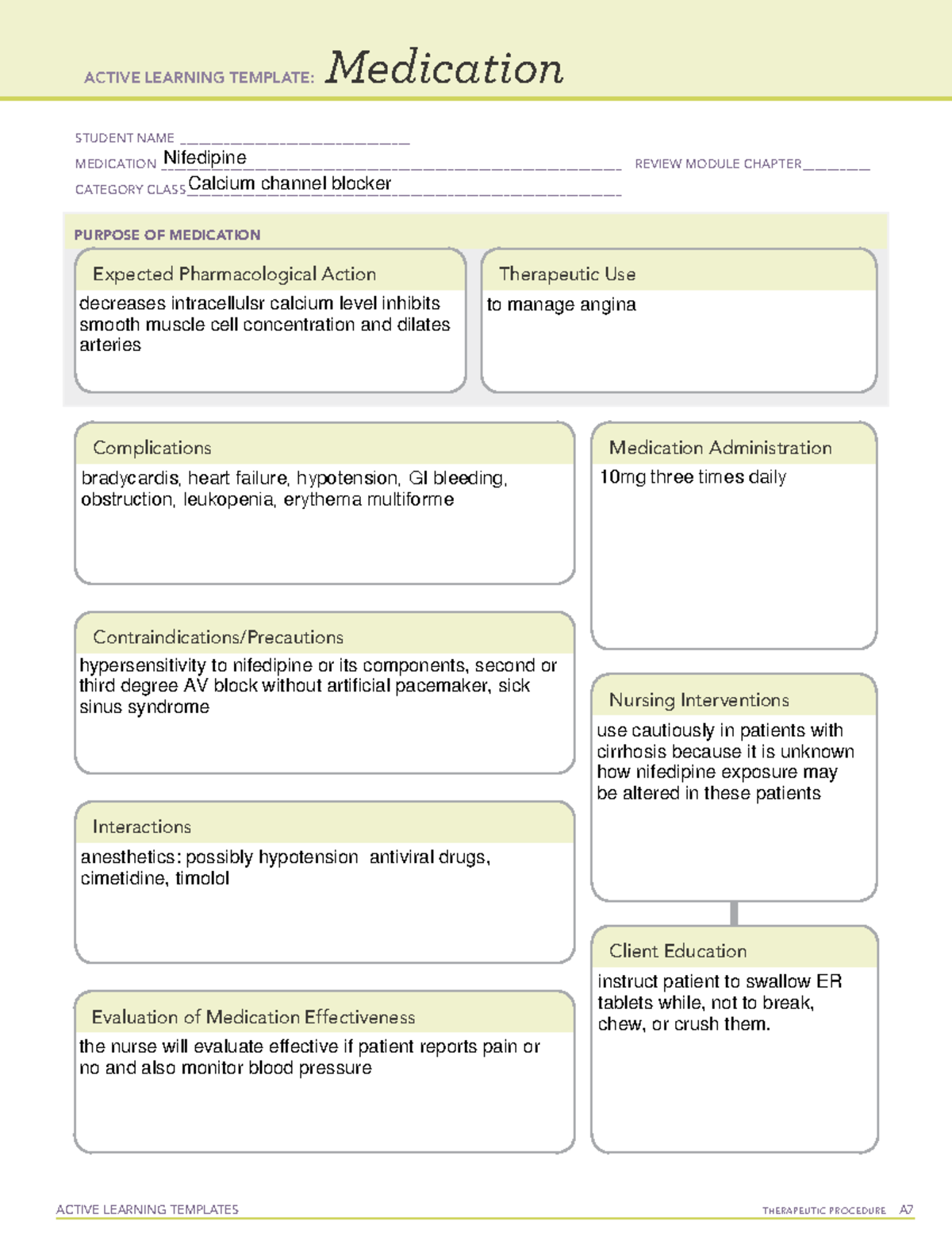 Nifedipine - Review notes and answers for quiz 1 NURS 306. Notes for ...