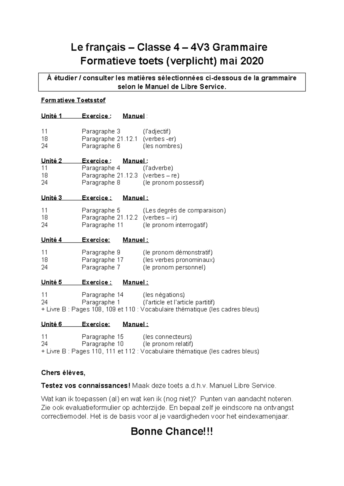 Frans toets oprachten antwoorden - Le français – Classe 4 – 4V3 ...