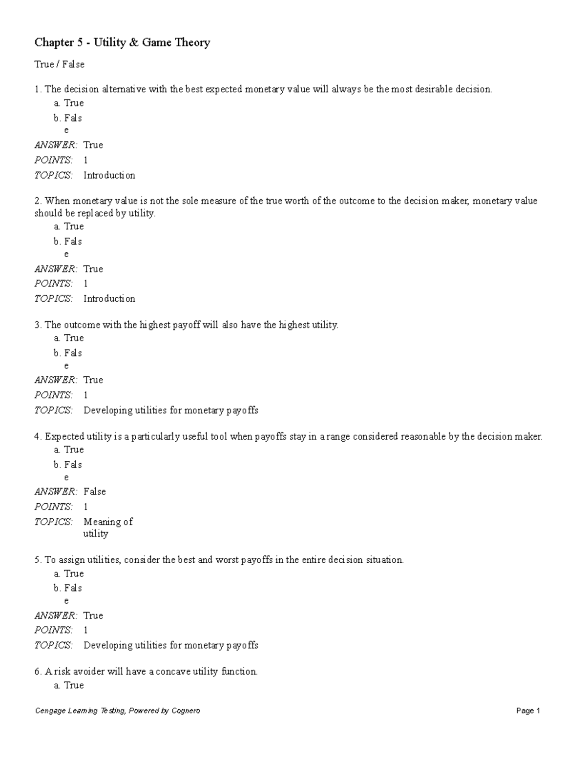Chapter 5 Utility Game Theory test bank for exams - True / False The ...