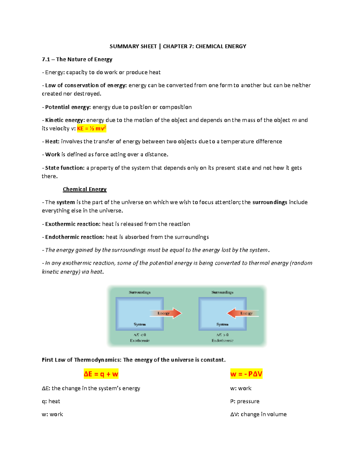 Summary Sheet of Chapter 7 Work and Energy - CHEM 1331 - UH - Studocu