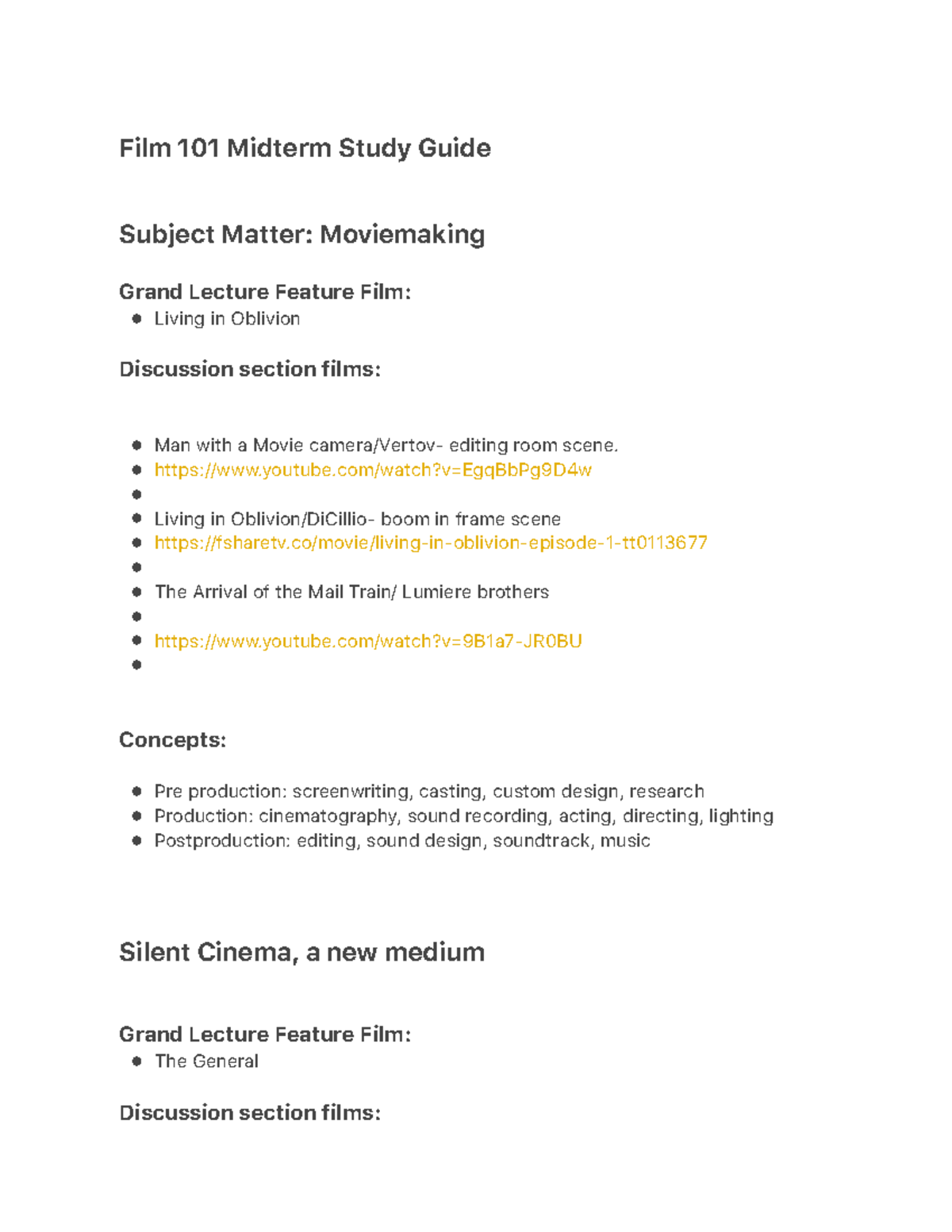Film 101 Midterm Study Guide - Film 101 Midterm Study Guide Subject ...