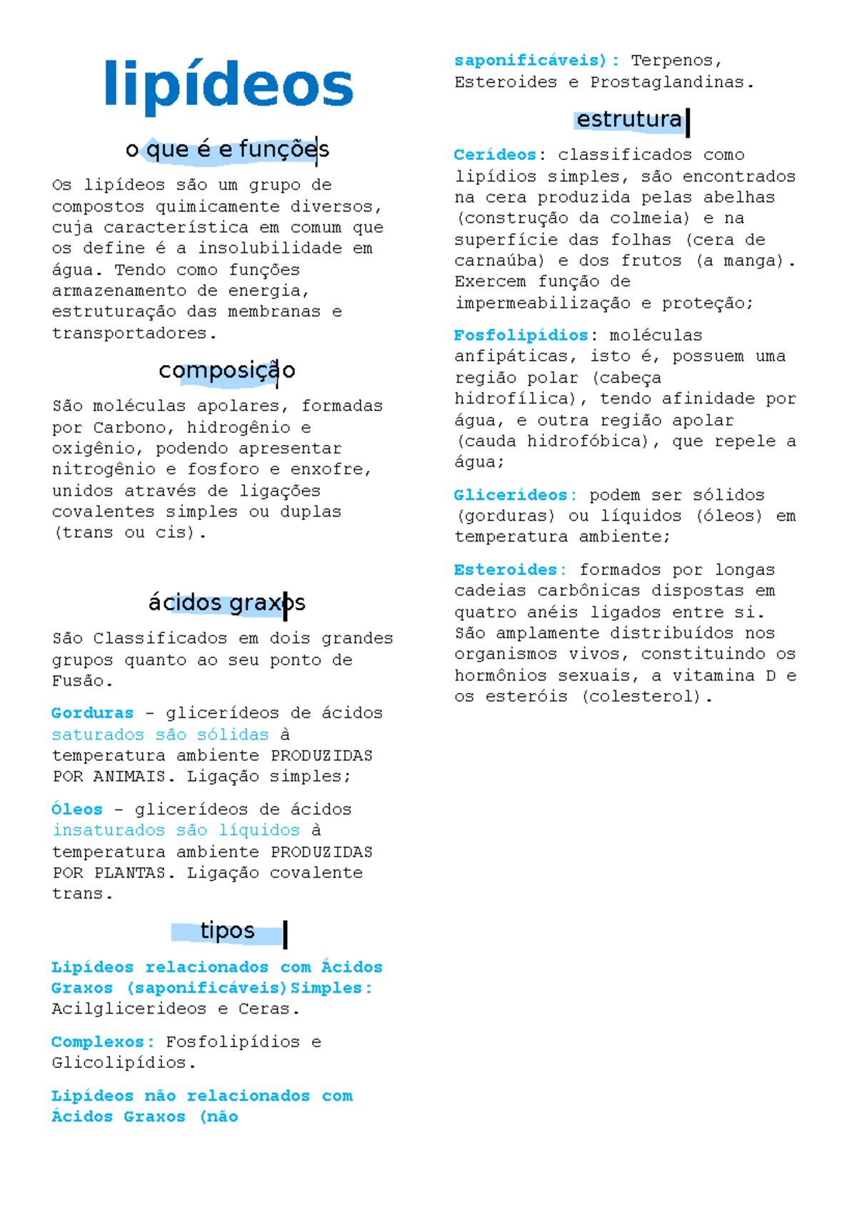 Lipídeos - resumo lipideos - lipídeos o que é e funções Os lipídeos são ...