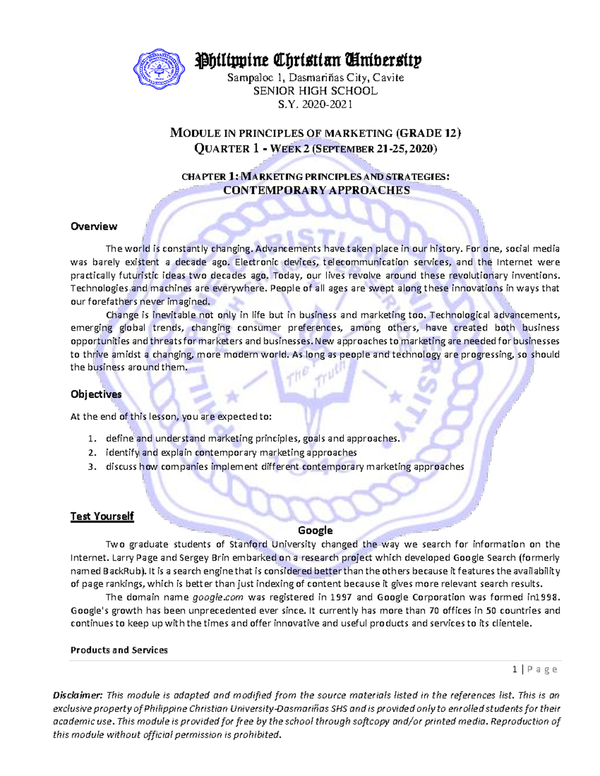 PM Module Week 2 - abc - 1 | P a g e Disclaimer: This module is adapted ...