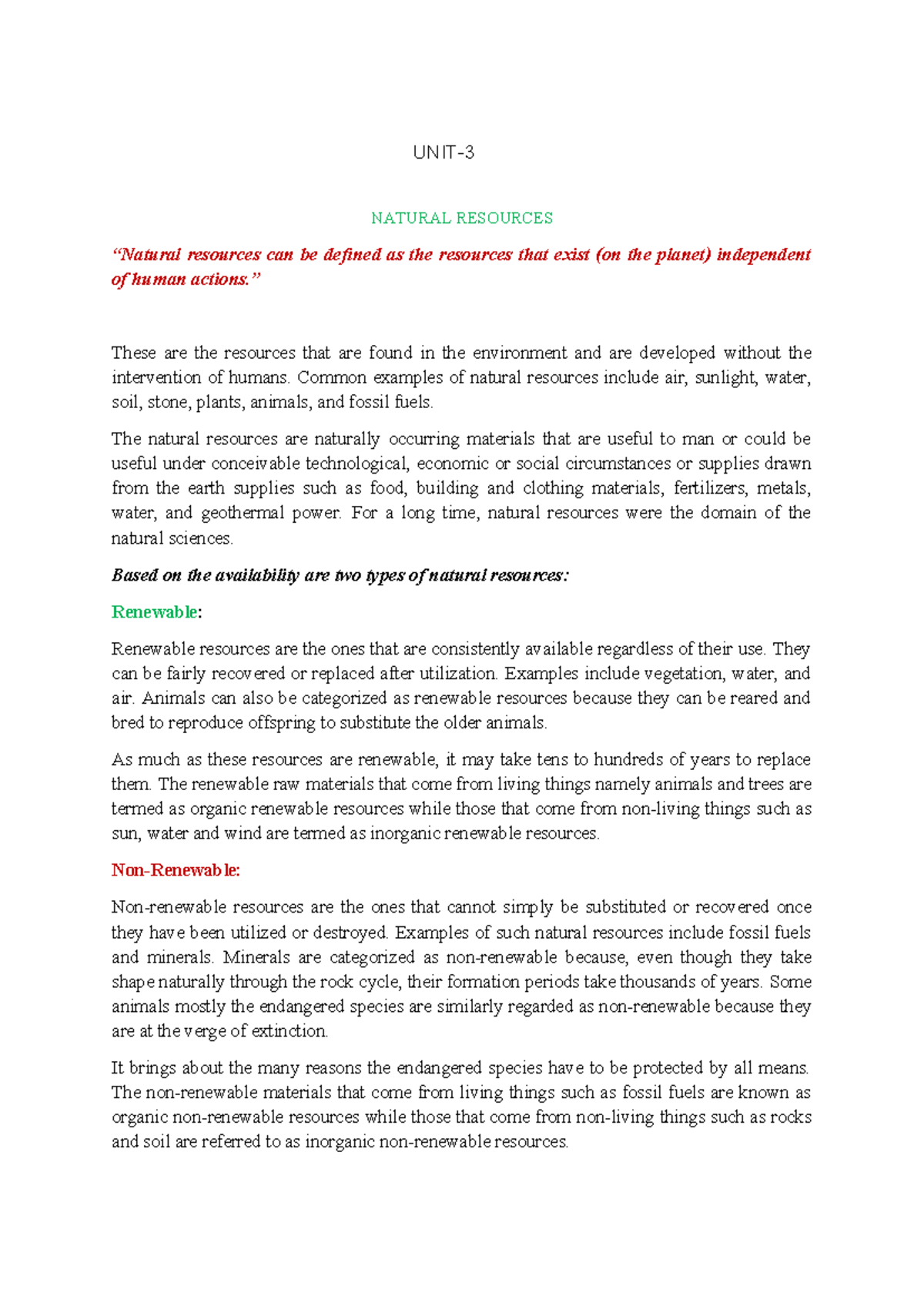 UNIT-3 Natural Resource - UNIT- NATURAL RESOURCES “Natural resources ...