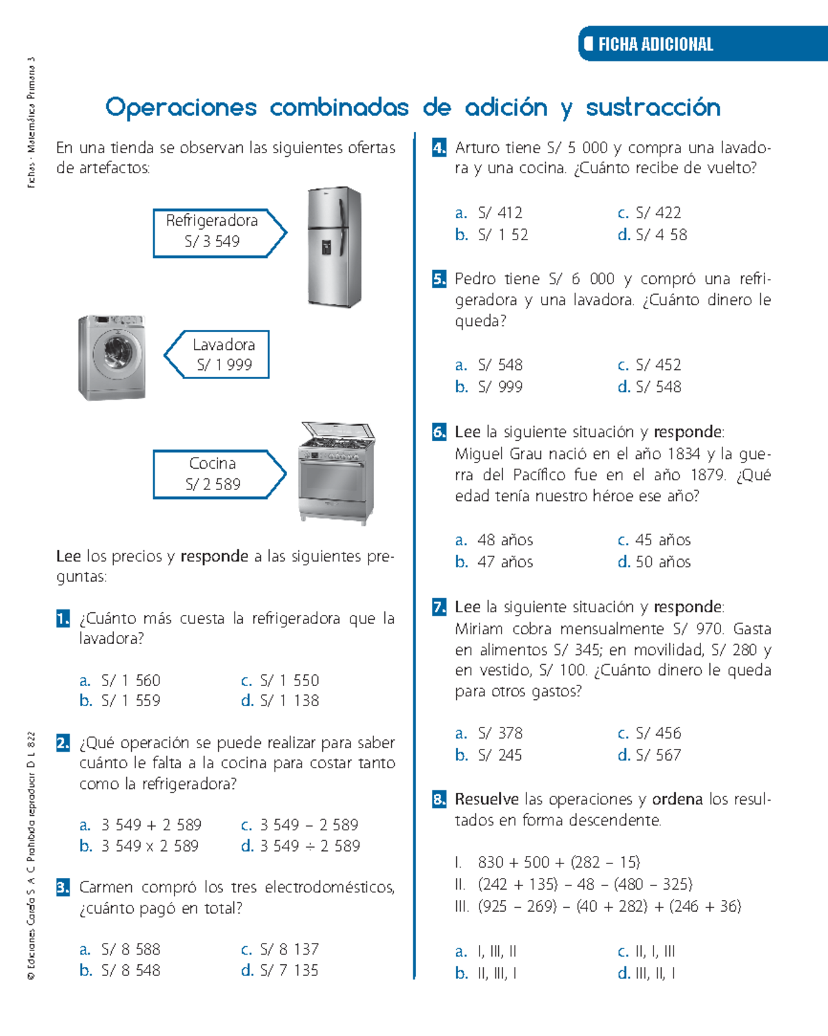 FA Operaciones combinadas de adición y sustracción - Fichas - Matemática Primaria 3 © Ediciones ...