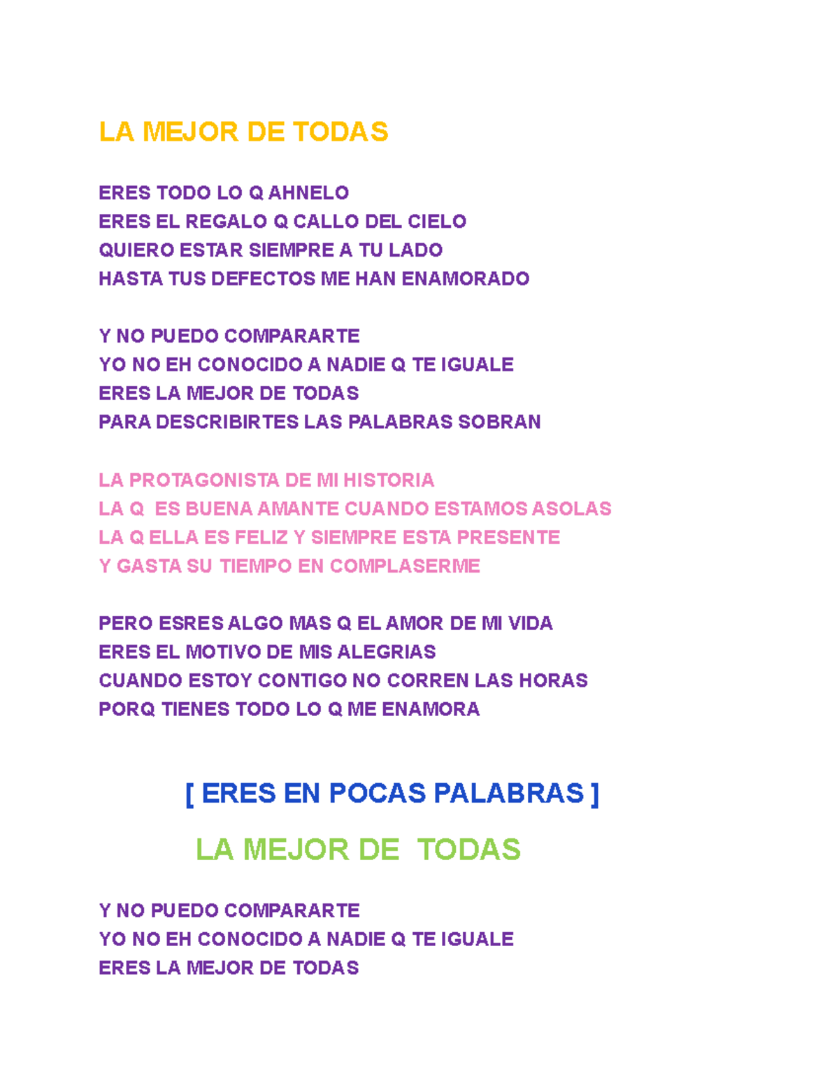 LA Mejor DE Todas - Letra - LA MEJOR DE TODAS ERES TODO LO Q AHNELO ...