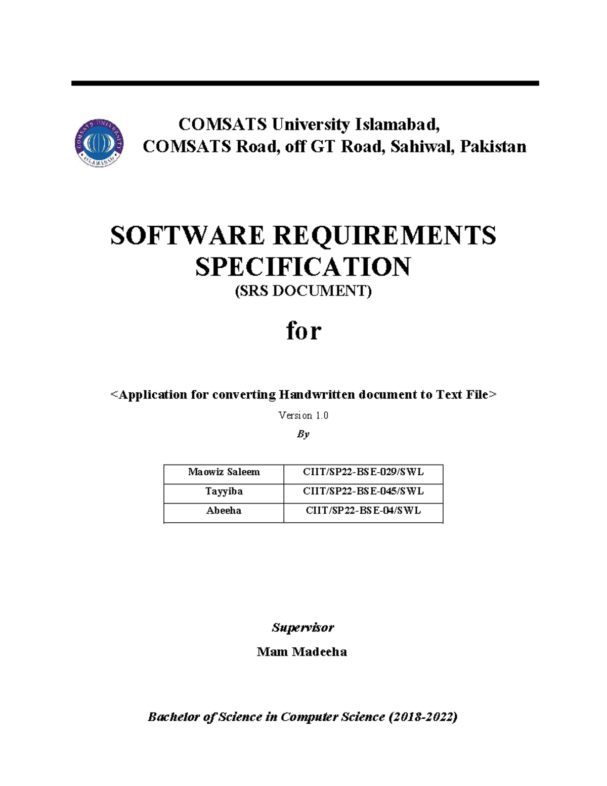 SRS - Software requirements specifications - COMSATS University Islamabad, COMSATS Road, off GT ...