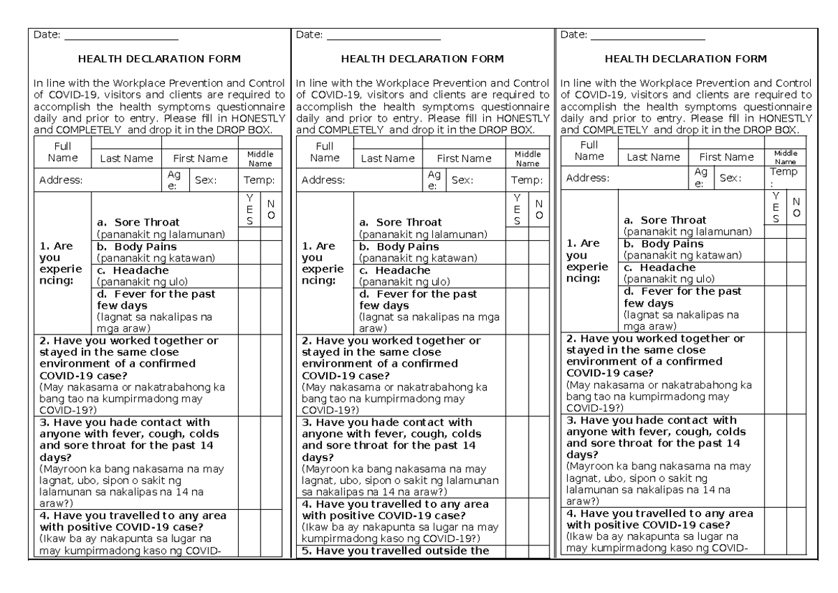 Declaration Form - Date: _______________________ HEALTH DECLARATION ...