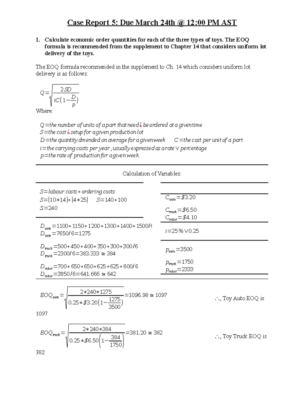 Case 5 Final Submission 1 - 1. Calculate economic order quantities for ...