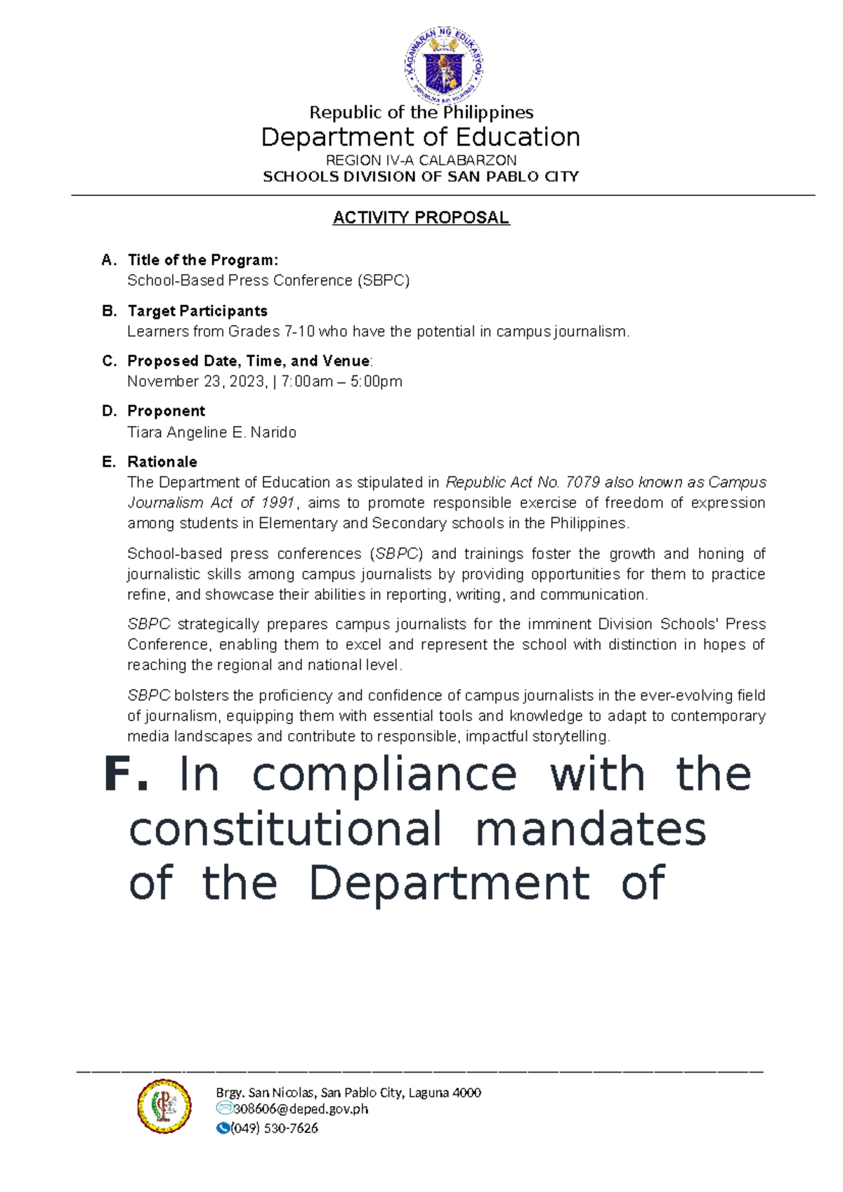 Activity Proposal- SBPC - Brgy. San Nicolas, San Pablo City, Laguna ...