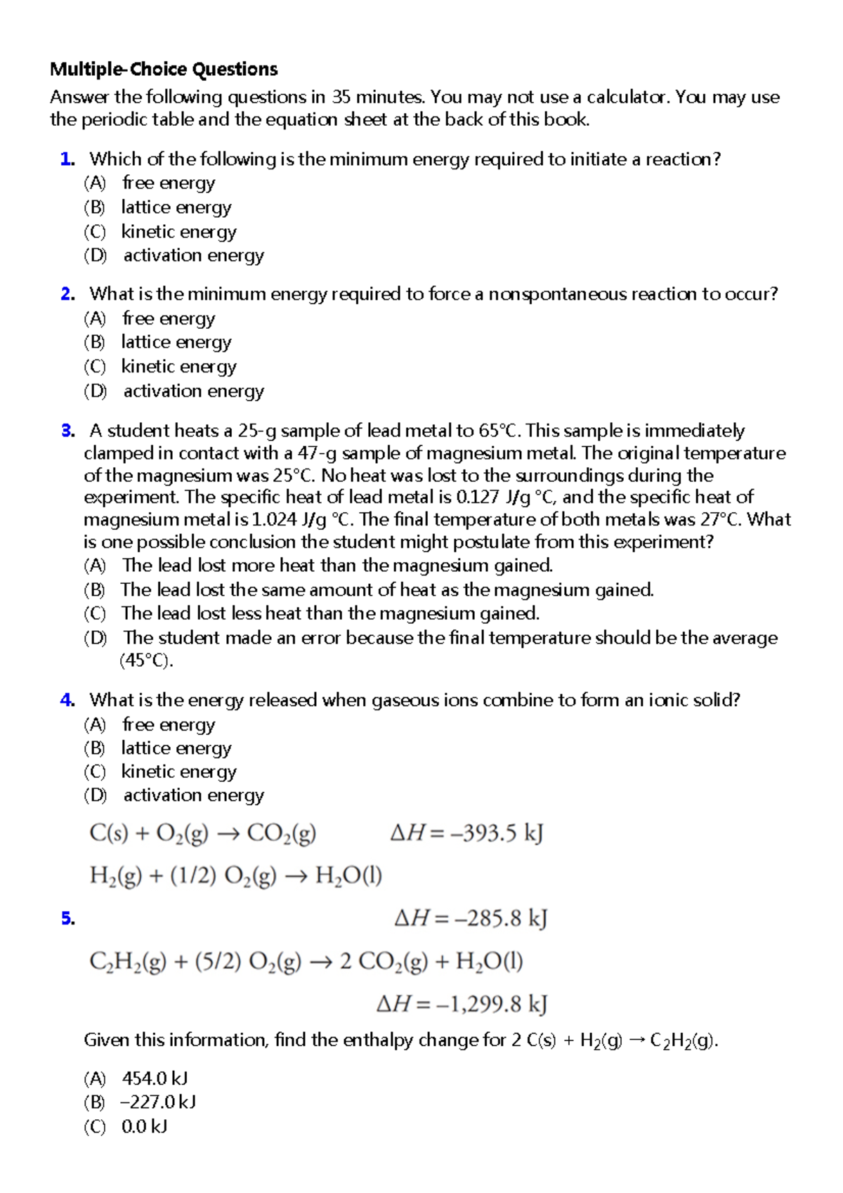 AP Chemistry- Thermodynamics Multiple-Choice Practice Questions ...