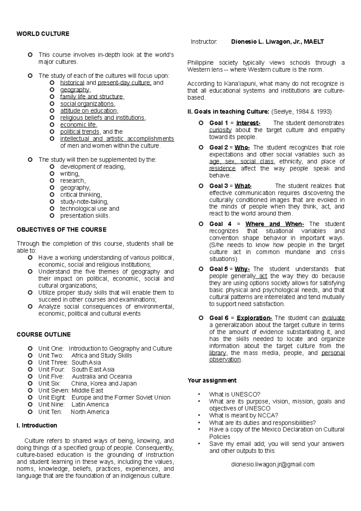 World Culture - Course Overview - WORLD CULTURE Instructor: This course ...