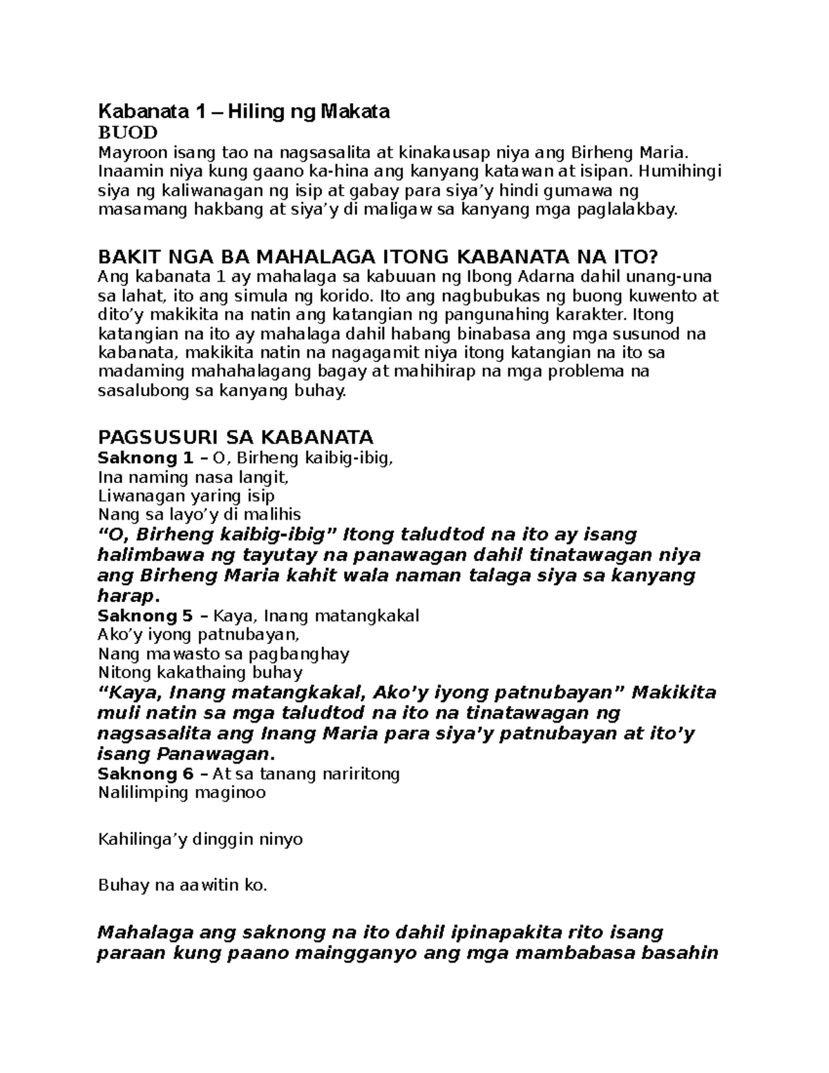 Kabanata 1 - Kabanata 1 – Hiling ng Makata BUOD Mayroon isang tao na ...