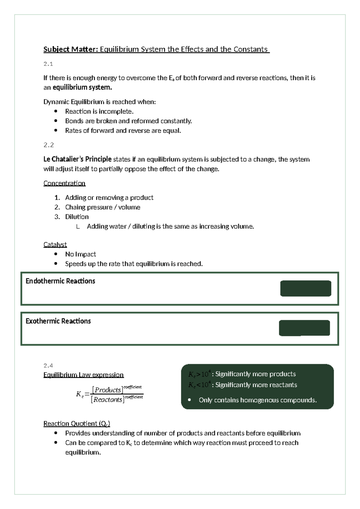 Equilbrium Systems QCE Chapter 2 Unit 3 - Subject Matter: Equilibrium ...