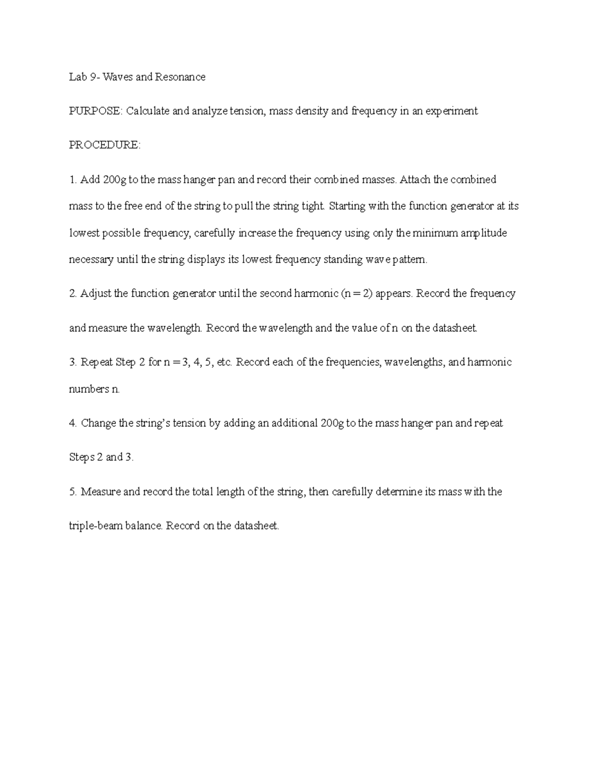 LAB 9 Waves and Resonance Physics Lab - Lab 9- Waves and Resonance ...