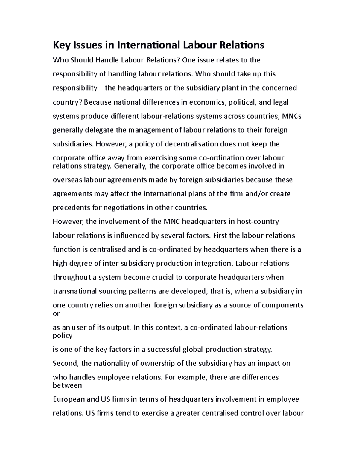 Key Issues in International Labour Relations notes - Key Issues in ...