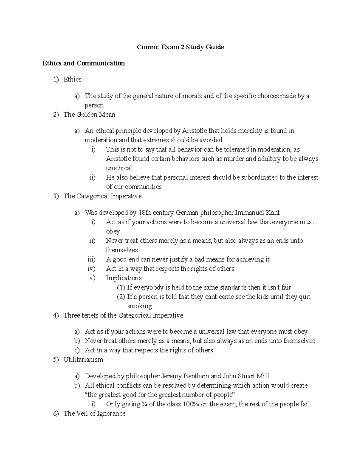 Comm Exam 2 Study Guide - Comm: Exam 2 Study Guide Ethics and ...