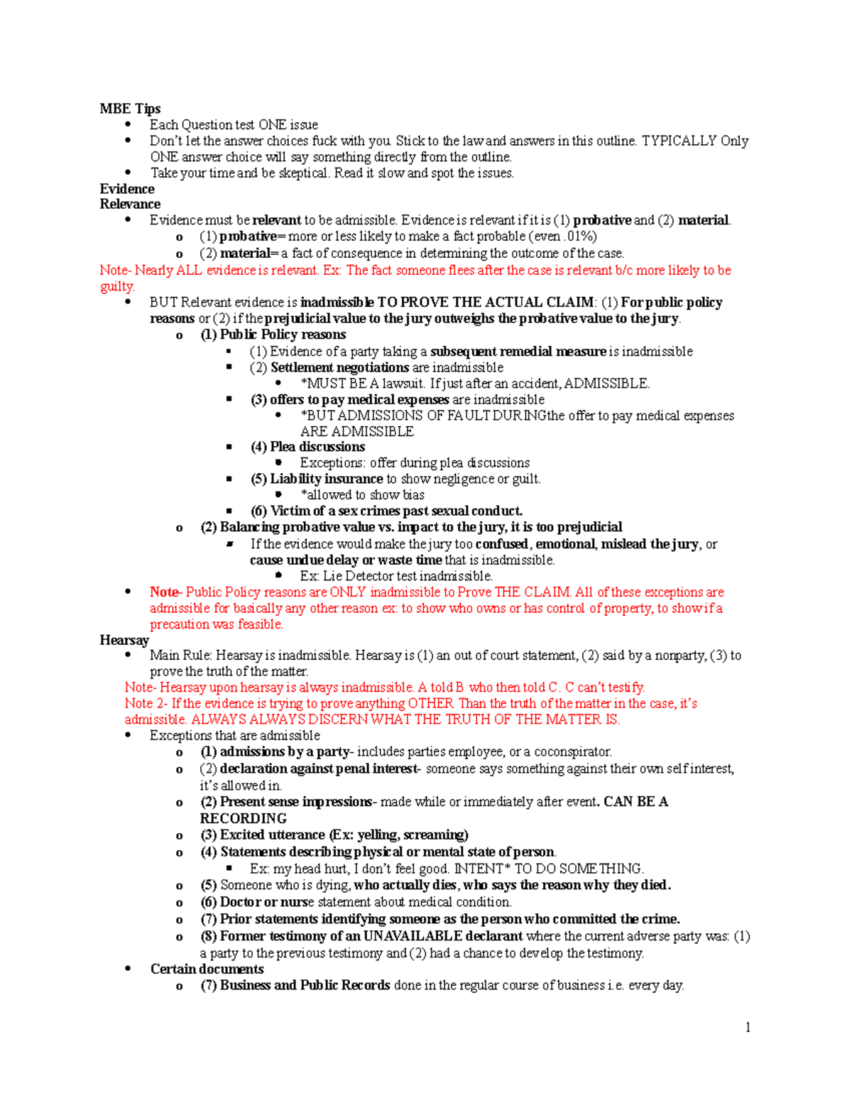 1. MBE TEST Concise Outline BAR #2 - MBE Tips Each Question test ONE ...