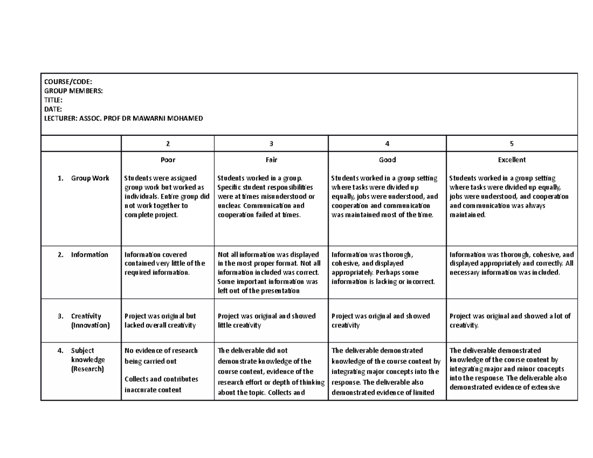 Group project rubric traditional games - COURSE/CODE: GROUP MEMBERS ...