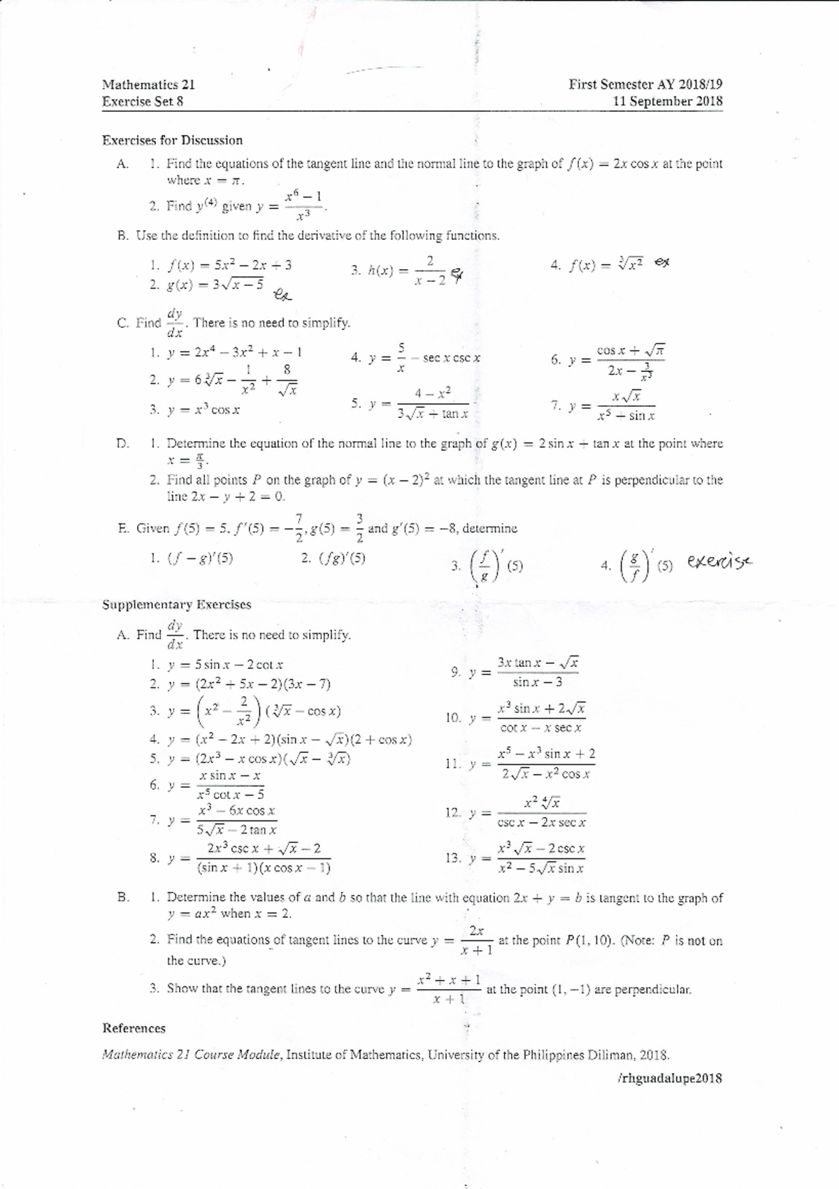 CCF 000003 - Exercises for derivatives - Mathematics 21 7 First Semester AY Exercise Set 8 . 11 ...
