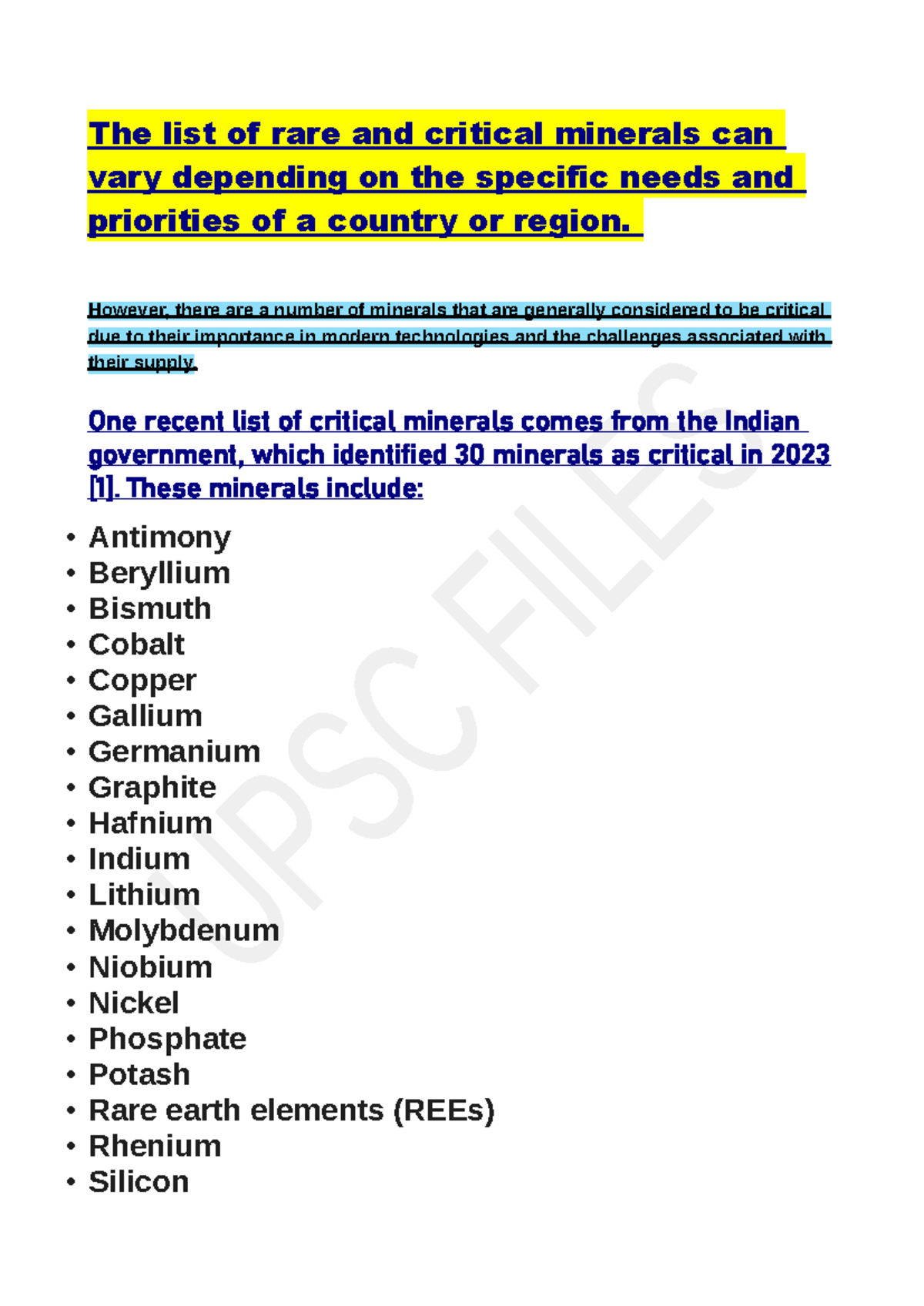 Critical Minerals UPSC PRE - The list of rare and critical minerals can ...
