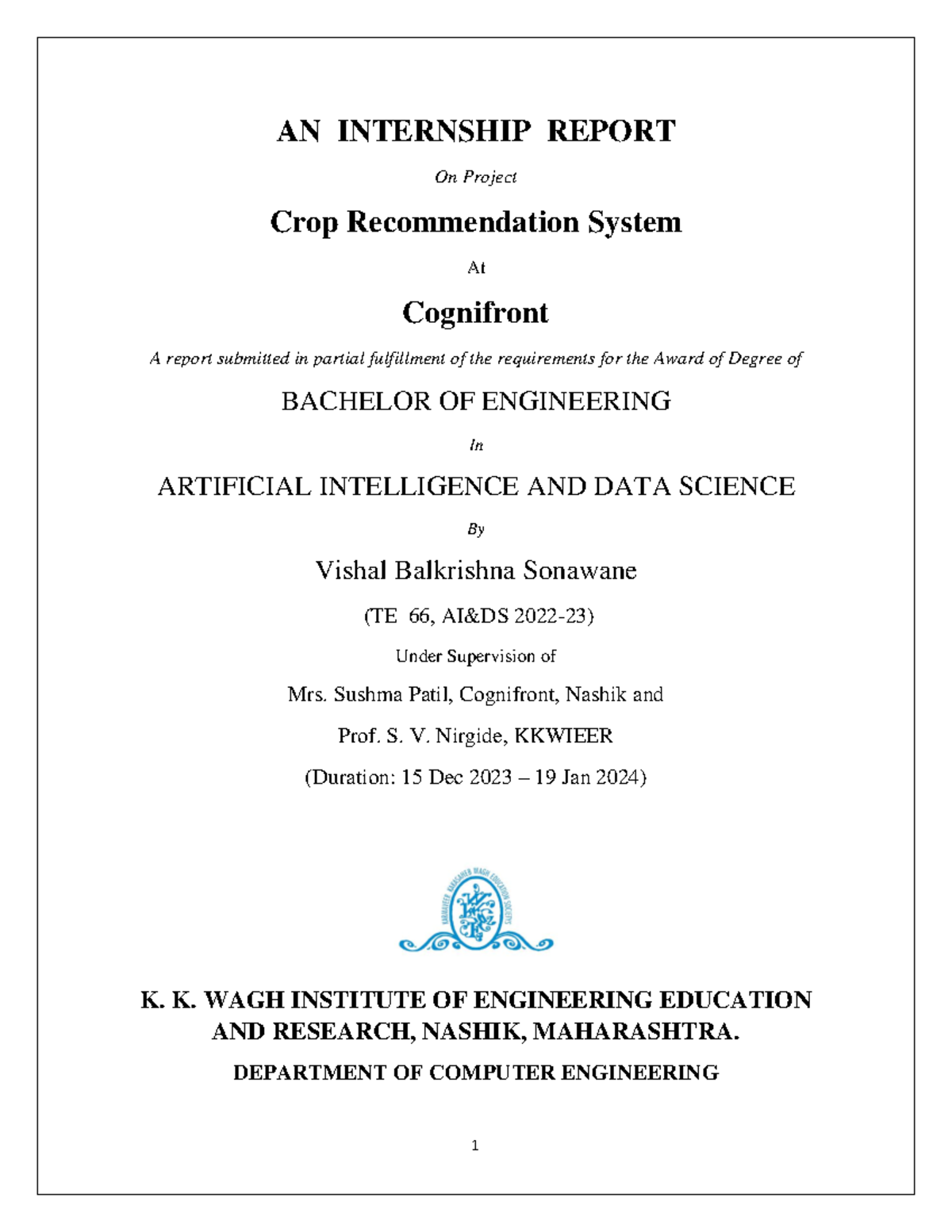 Internship Report - AN INTERNSHIP REPORT ####### On Project Crop ...