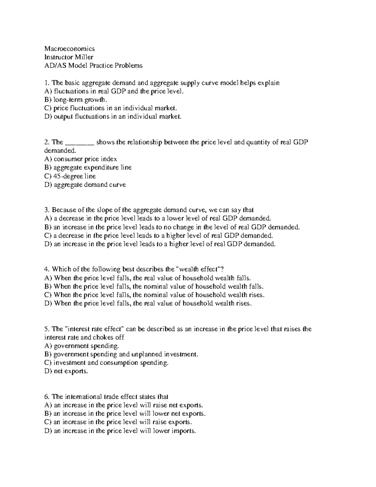 Practice Problems Ch. 13 AD AS Model - Macroeconomics Instructor Miller ...